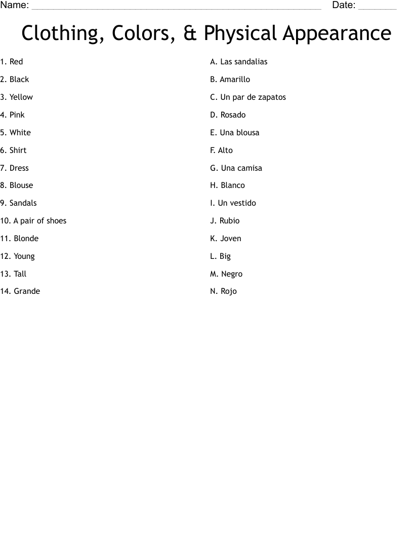Clothing, Colors, & Physical Appearance Worksheet - WordMint
