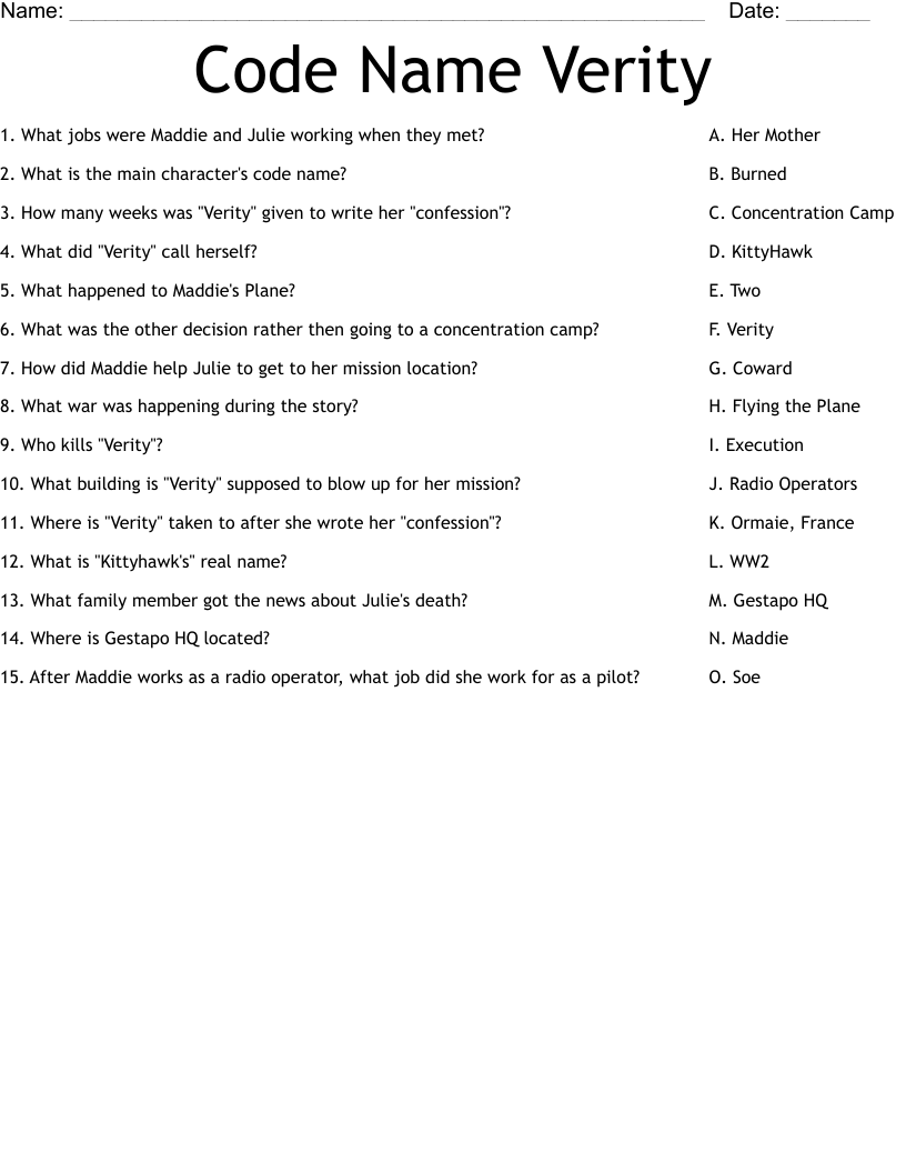 Code Name Verity Worksheet WordMint