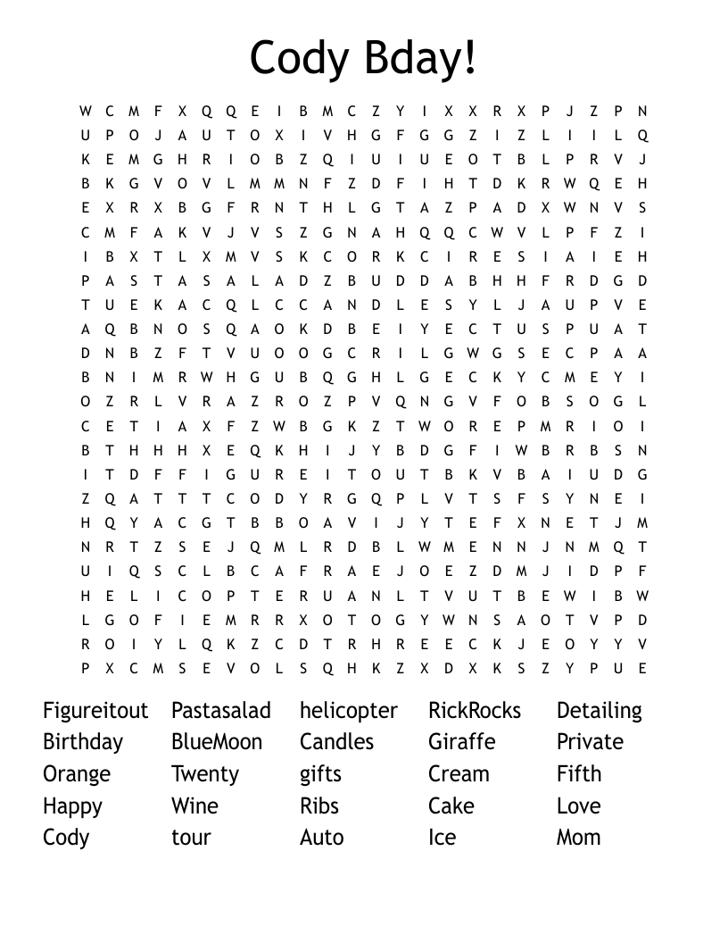 Cody Bday! Word Search - WordMint