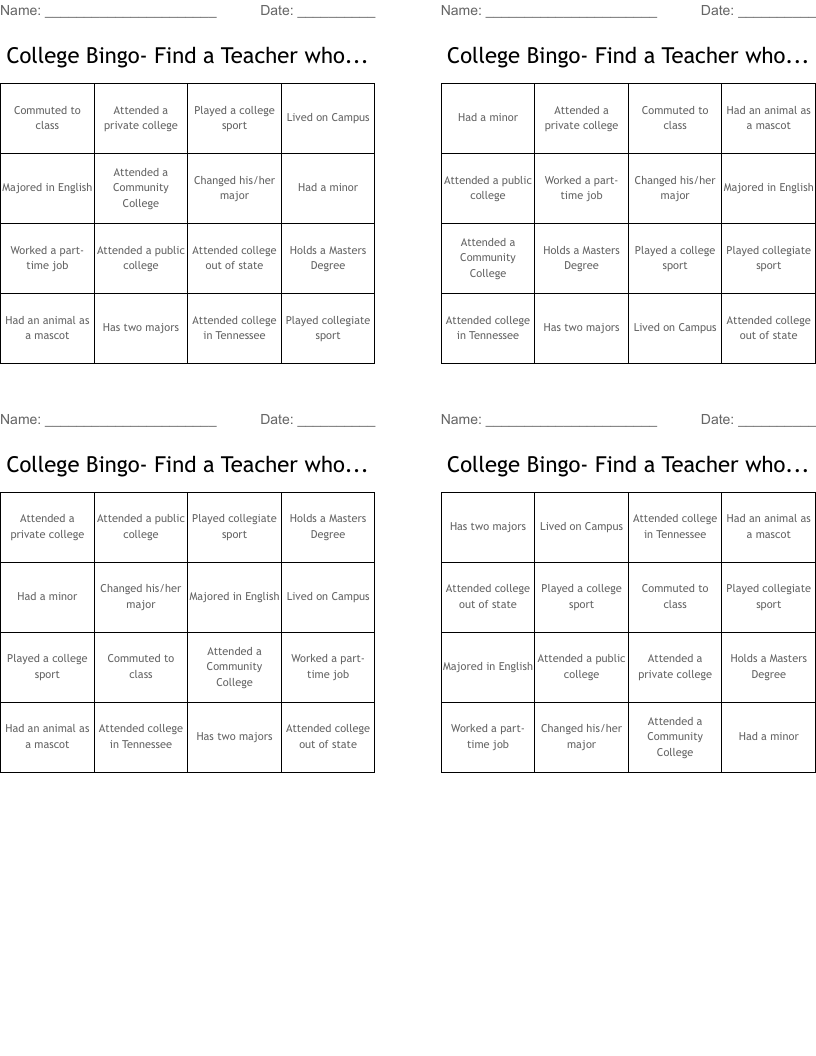 College Bingo- Find a Teacher who... - WordMint