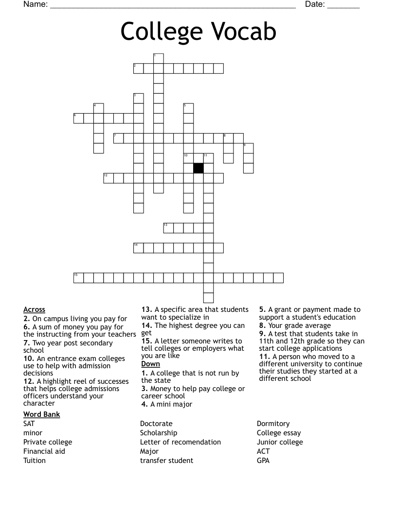 College Vocab Crossword - WordMint