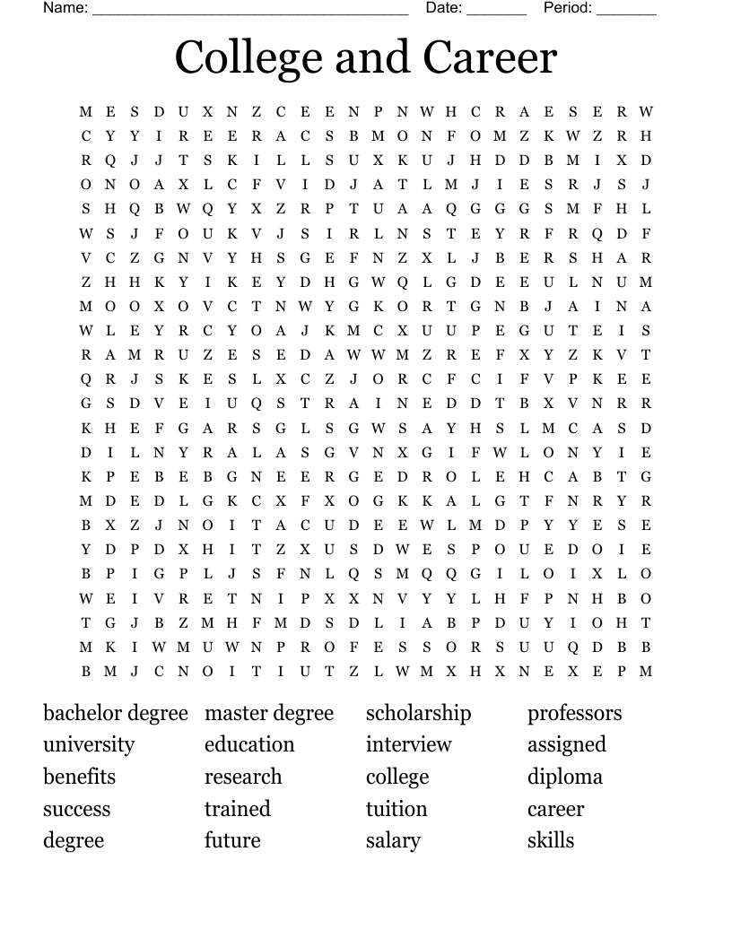 College And Career Word Search WordMint