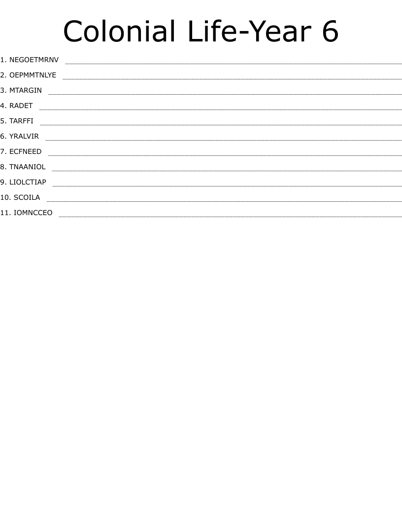 Colonial Life-Year 6 Word Scramble - WordMint