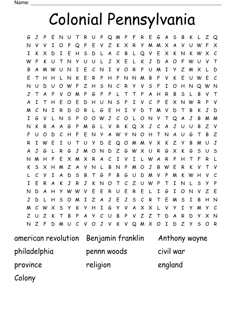 Colonial Pennsylvania Word Search - WordMint