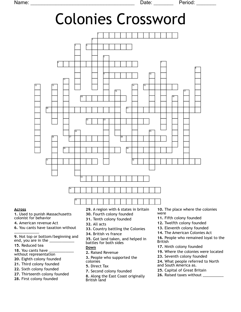 Colonies Crossword - WordMint