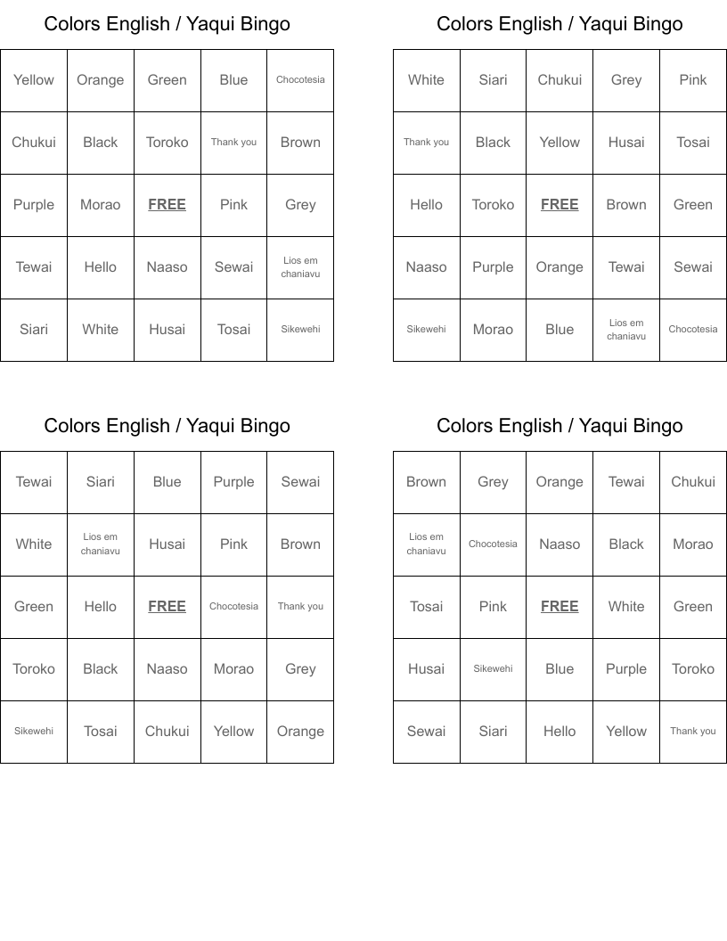 Colors English / Yaqui Bingo - WordMint