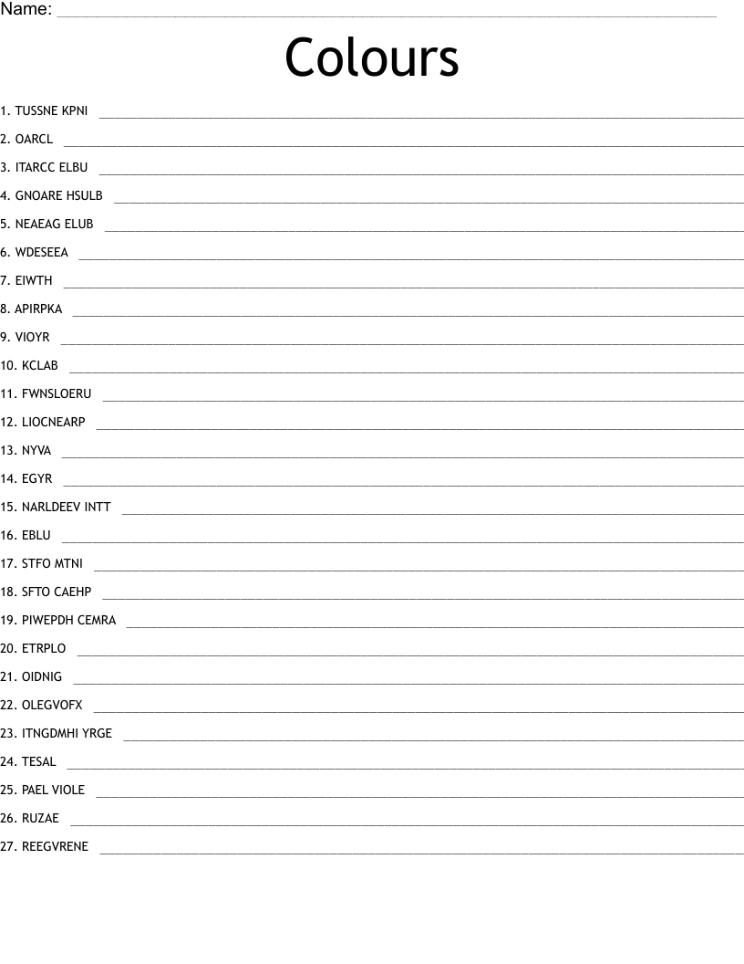 Colours Word Scramble - WordMint