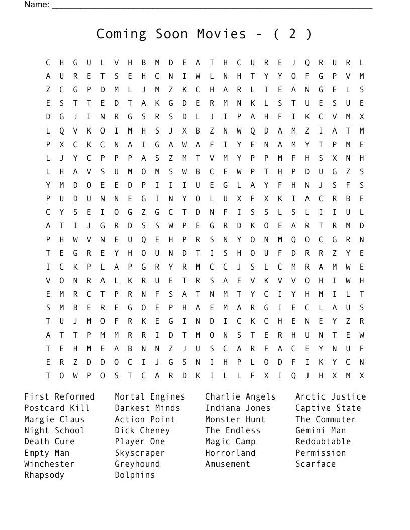 Coming Soon Movies - ( 2 ) Word Search - WordMint