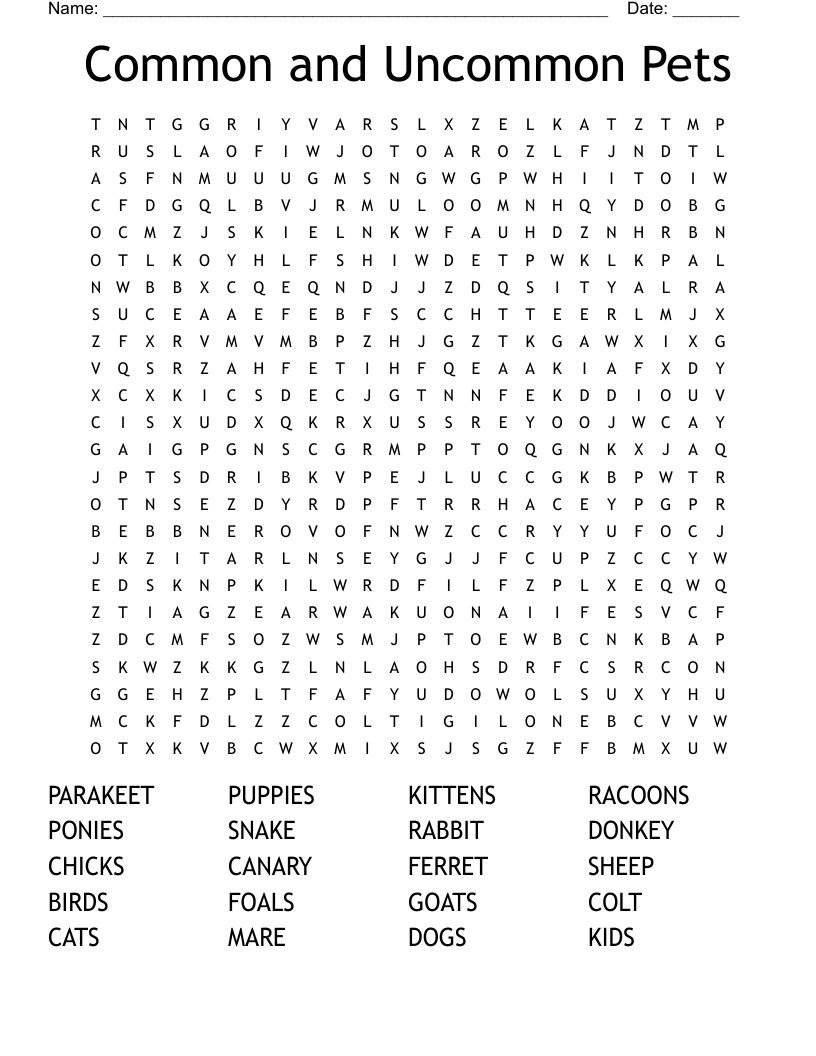 Common And Uncommon Pets Word Search WordMint