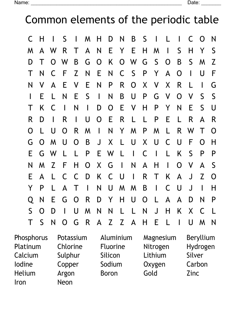 Periodic Table Word Search WordMint
