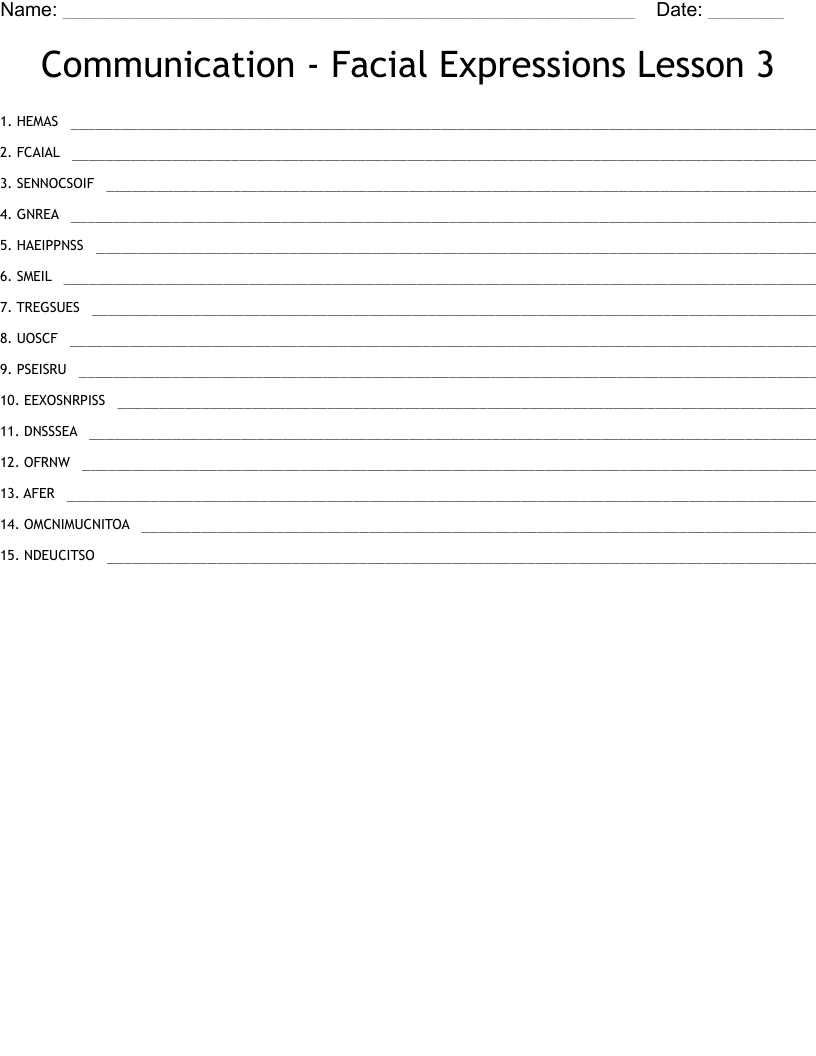 Communication - Facial Expressions Lesson 3 Word Scramble - WordMint
