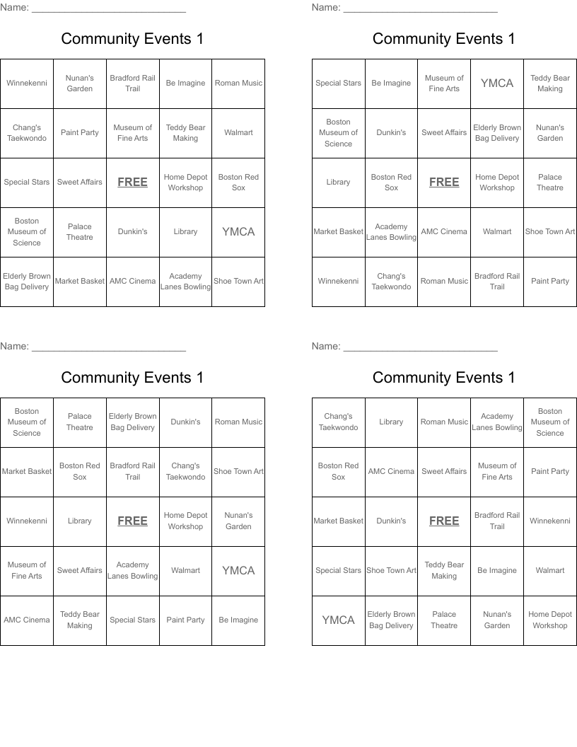 Community Events 1 Bingo Cards WordMint