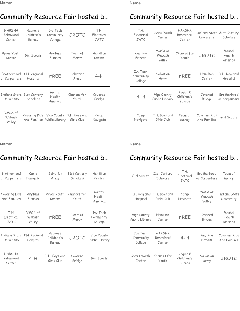Community Resource Fair hosted by WWMS Bingo Cards - WordMint