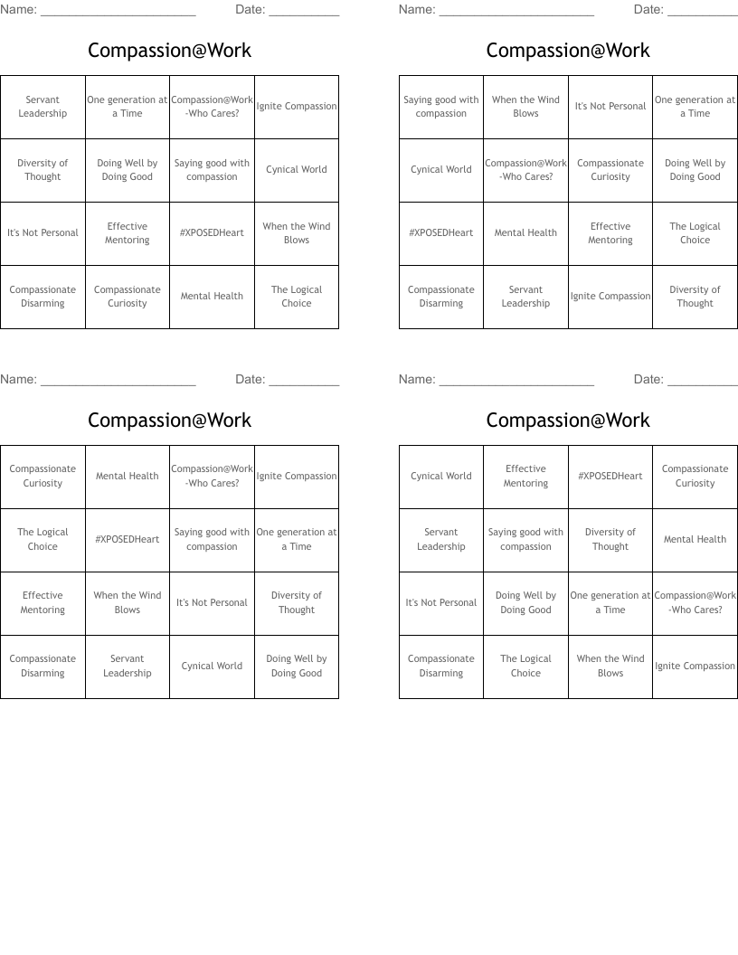 Compassion@Work Bingo Cards - WordMint