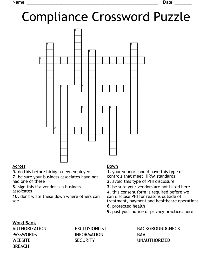 Compliance Crossword Puzzle WordMint
