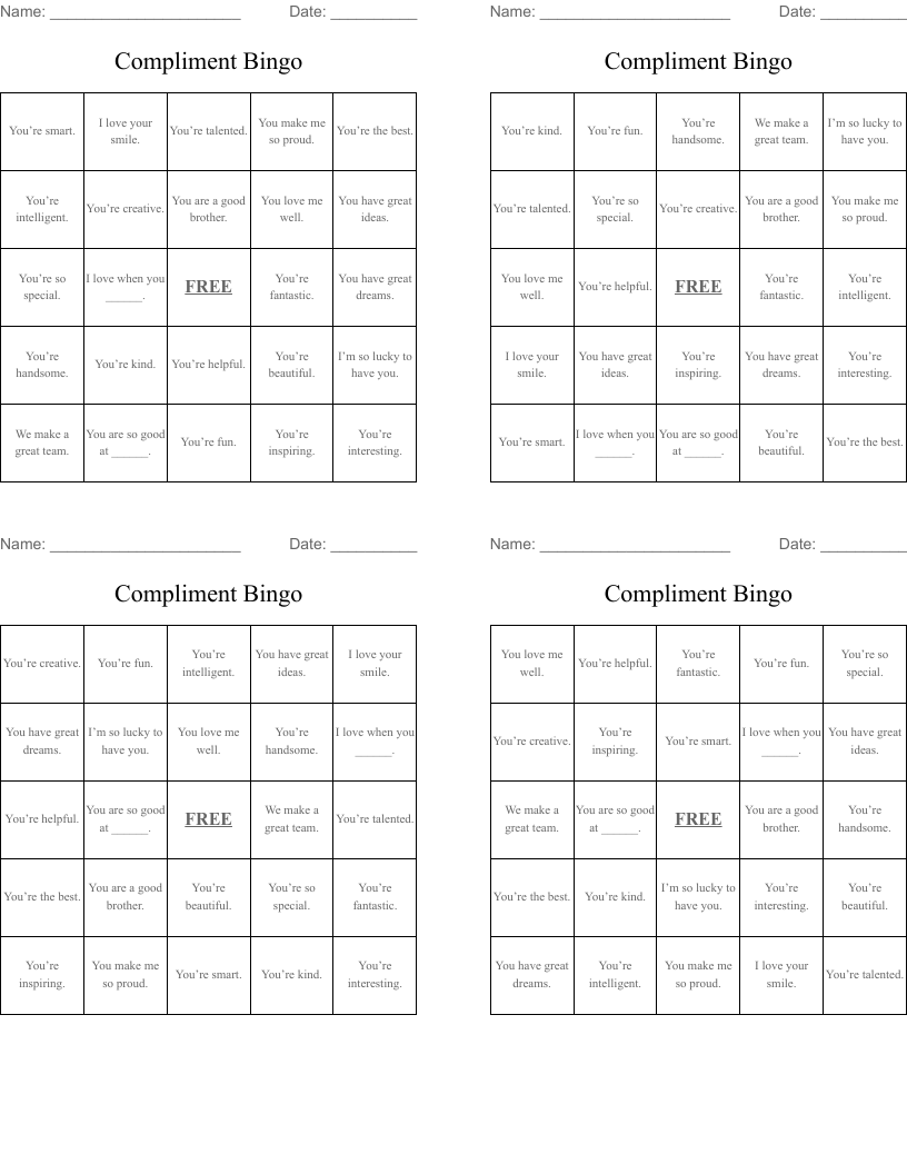 Compliment Bingo - WordMint