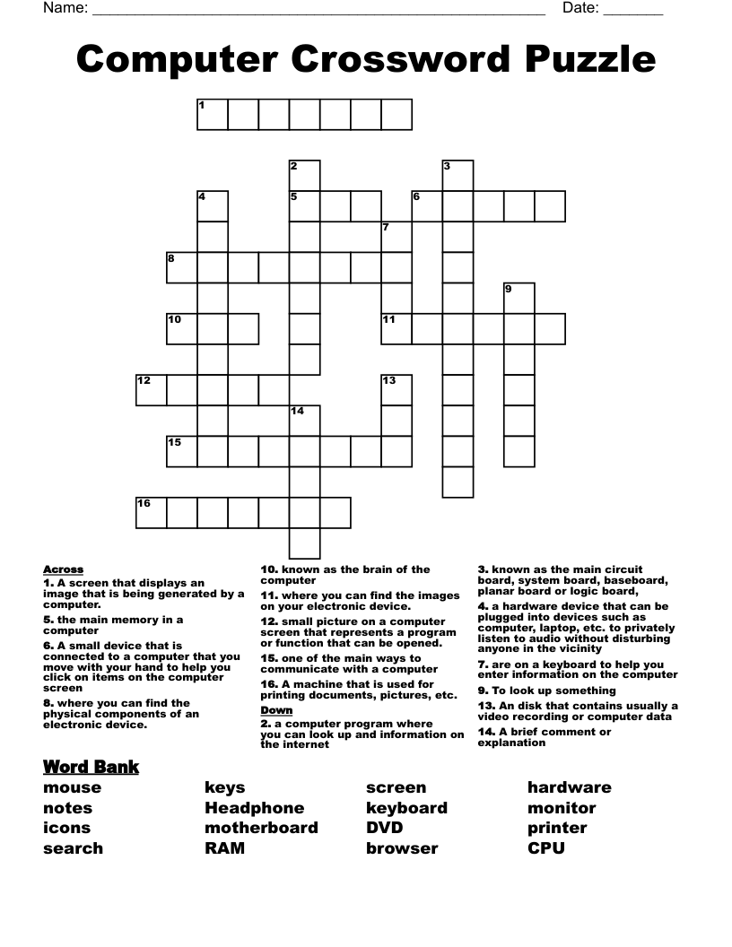 Printable Computer Crossword Puzzles With Answers Printable Crossword