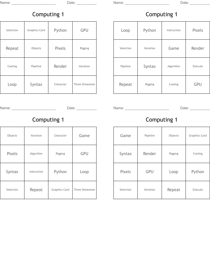 Computing 1 Bingo Cards - WordMint