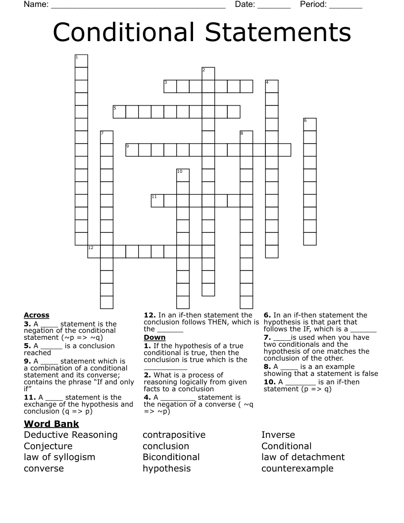 Conditional Statements Crossword WordMint