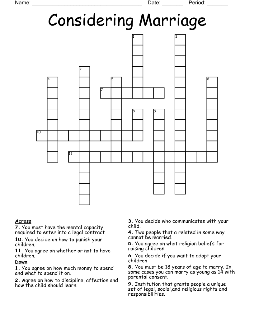 Considering Marriage Crossword - WordMint