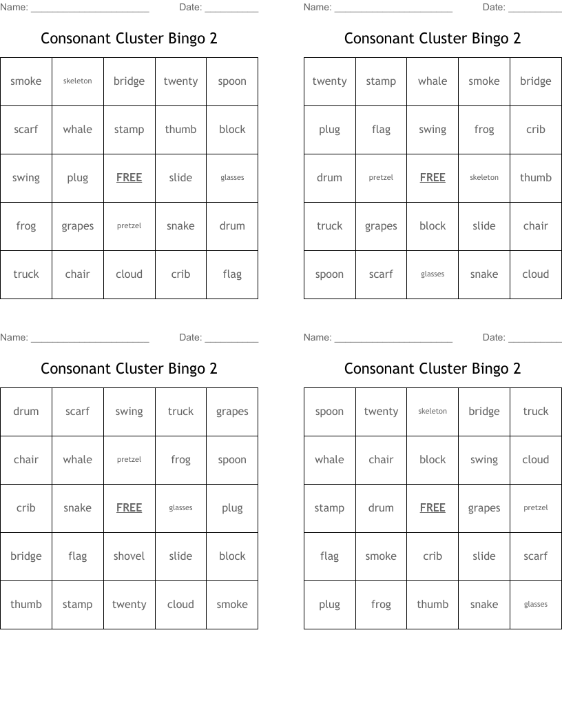 Consonant Cluster Bingo 2 - WordMint