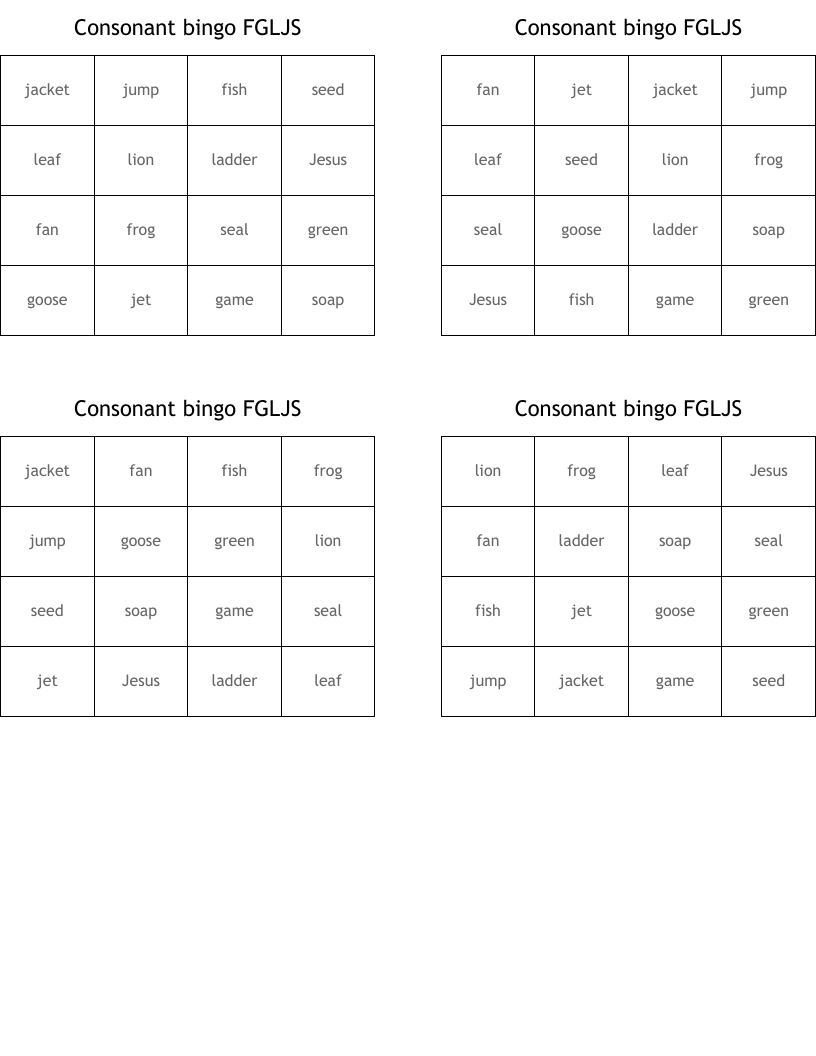 Consonant bingo FGLJS - WordMint