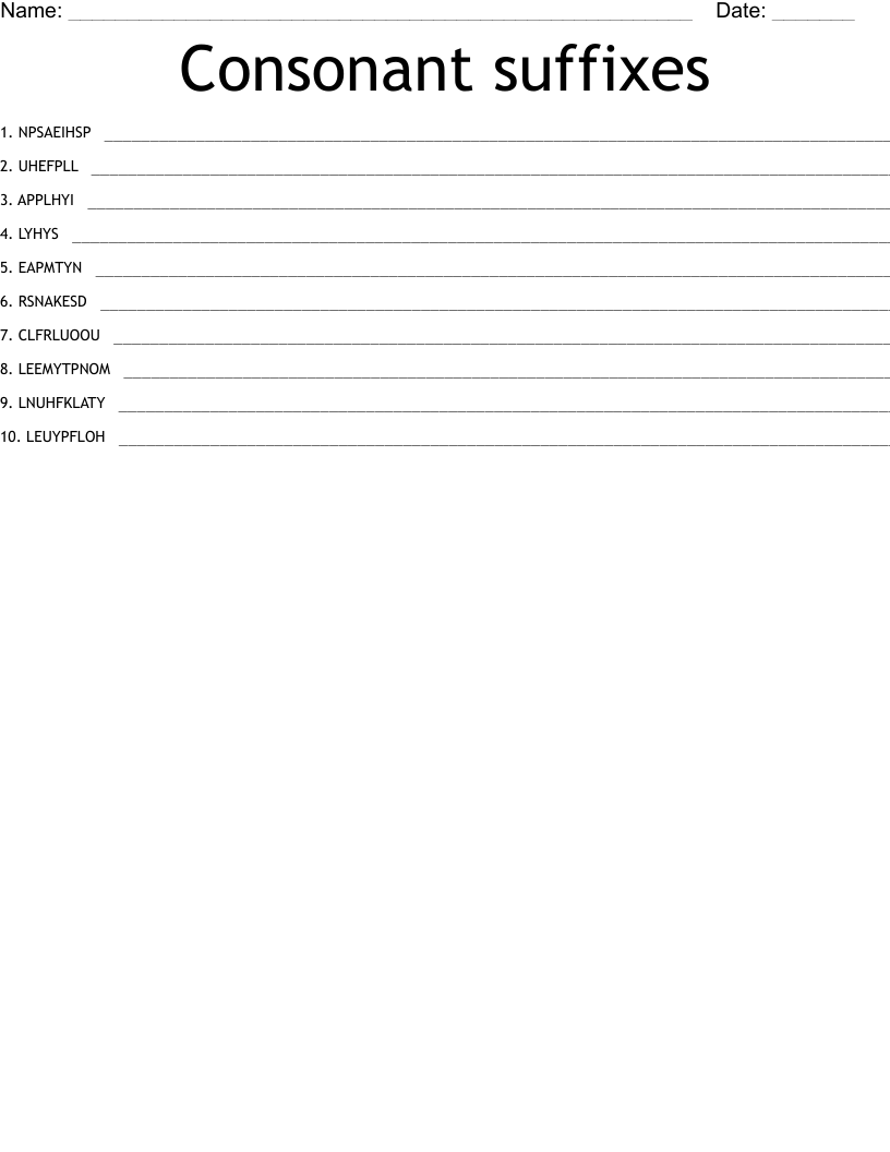 Consonant suffixes Word Scramble - WordMint