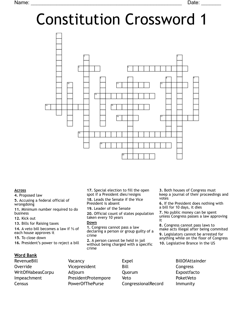 Constitution Crossword 1 - WordMint