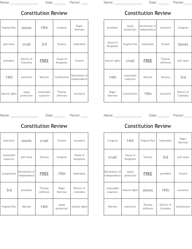 Constitution Review Bingo Cards - WordMint