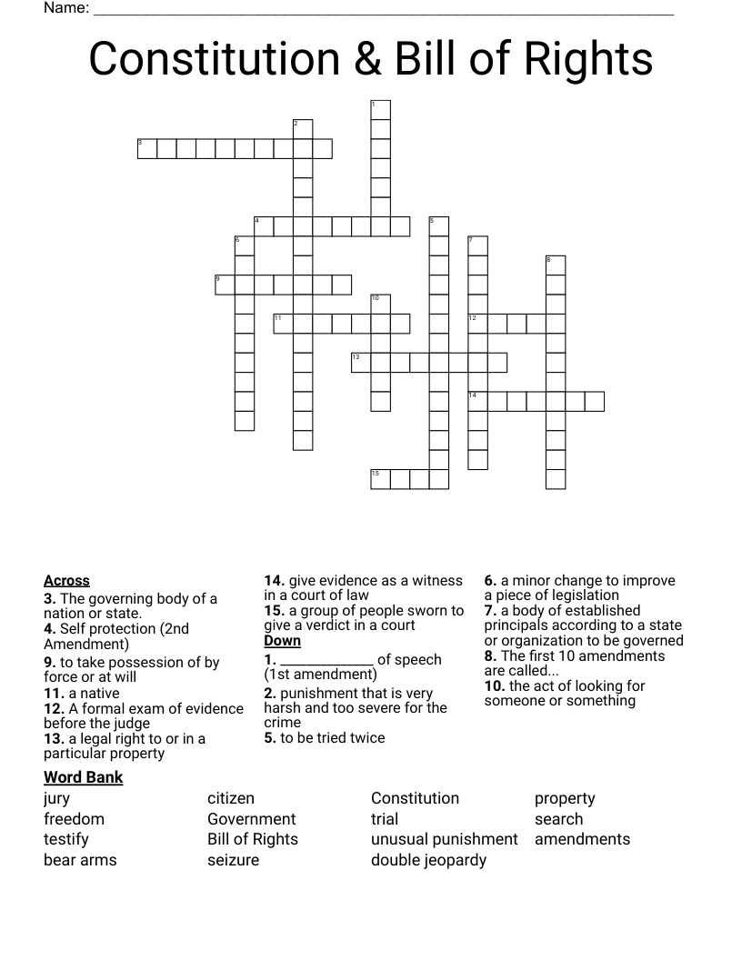 Constitution & Bill of Rights Crossword - WordMint