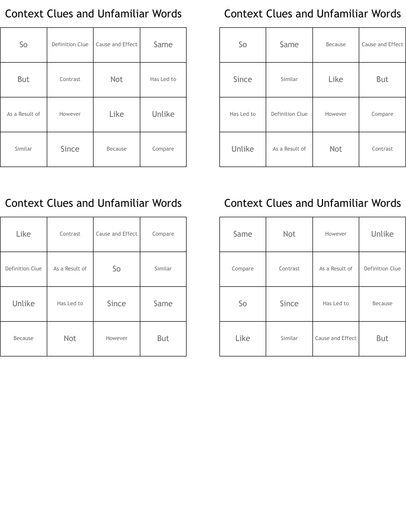 Context Clues and Unfamiliar Words Bingo Cards - WordMint