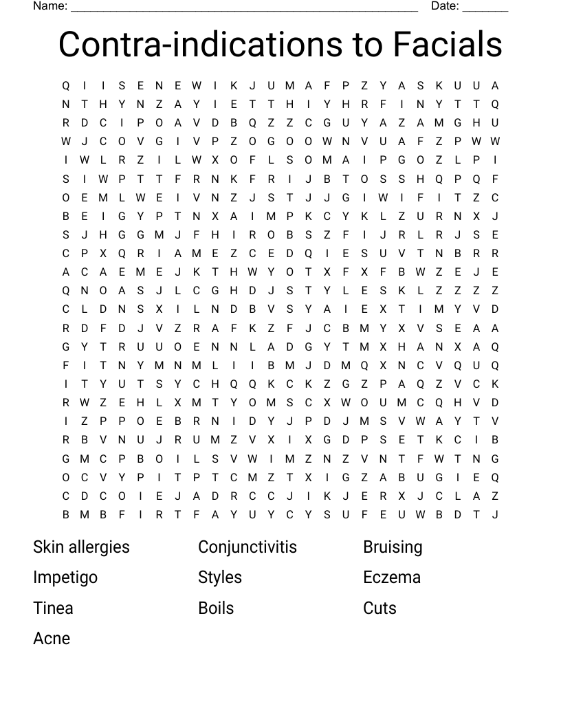 Contra-indications to Facials Word Search - WordMint
