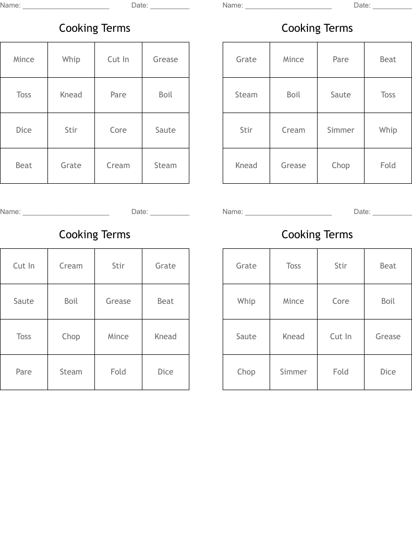 Cooking Terms Bingo Cards WordMint