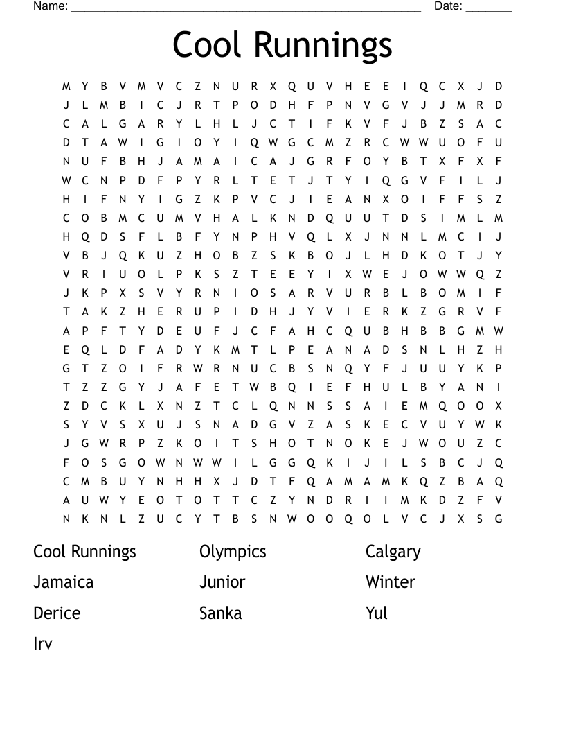 Cool Runnings Word Search WordMint