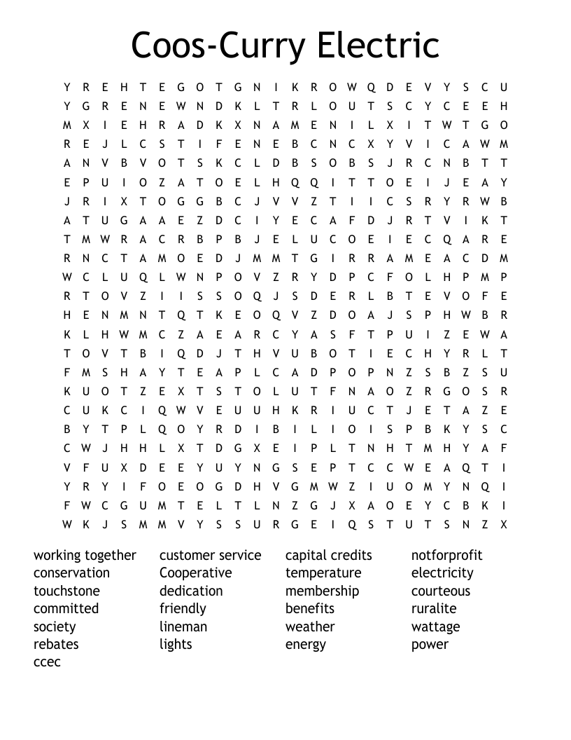Coos-Curry Electric Word Search - WordMint