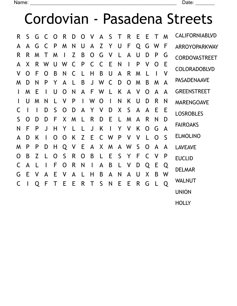 Cordovian - Pasadena Streets Word Search - WordMint