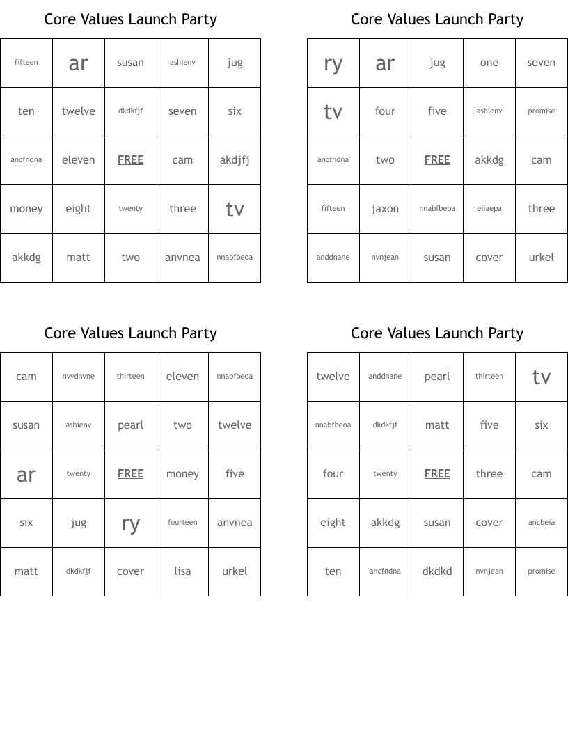 Core Values Launch Party Bingo Cards - WordMint