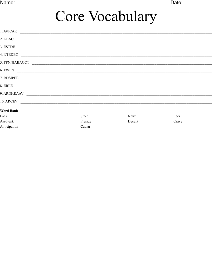 Core Vocabulary Word Scramble - WordMint