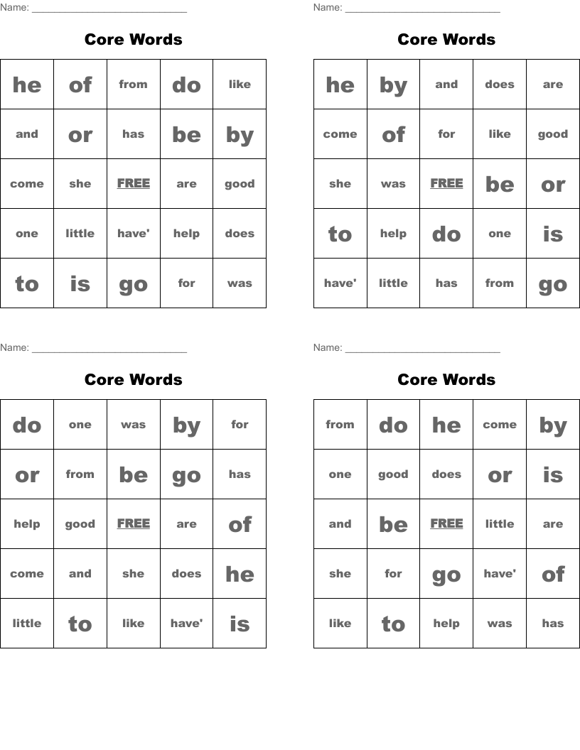Core Words Bingo Cards - WordMint