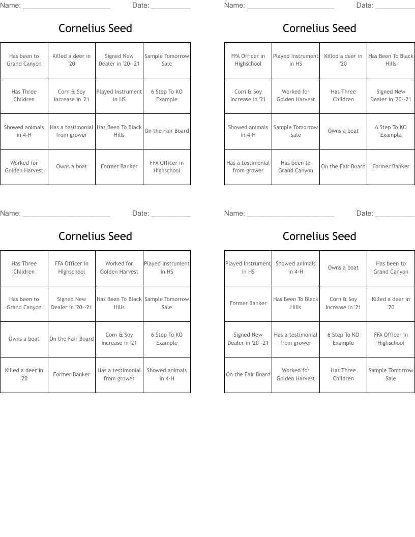 Cornelius Seed Bingo Cards - WordMint