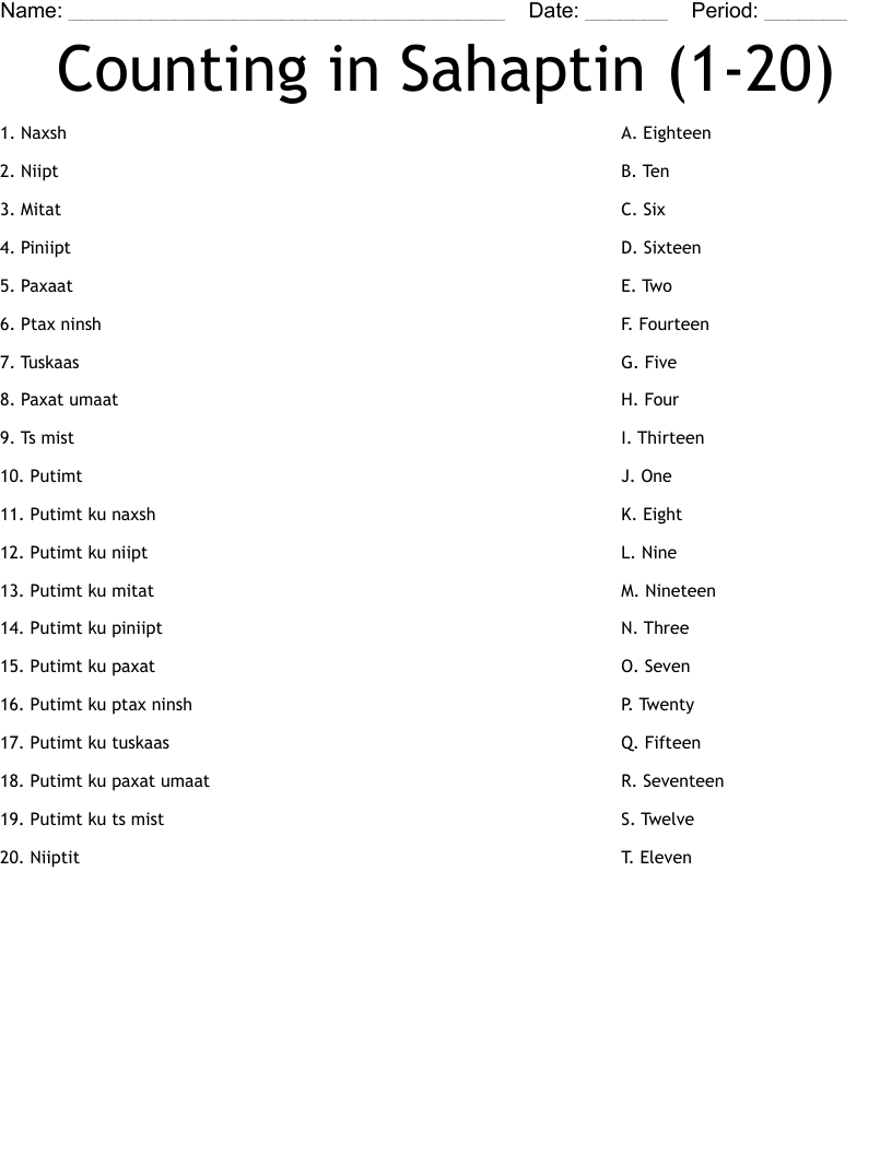 Counting in Sahaptin (1-20) Worksheet - WordMint