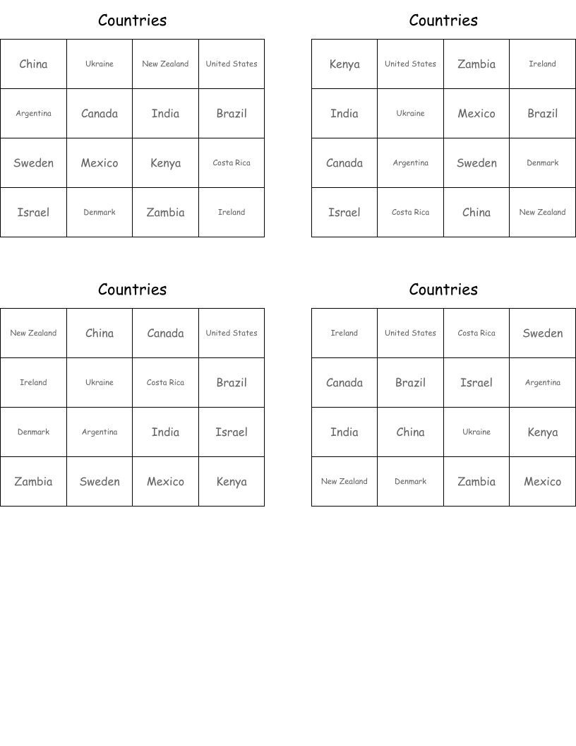 Countries Bingo Cards - WordMint