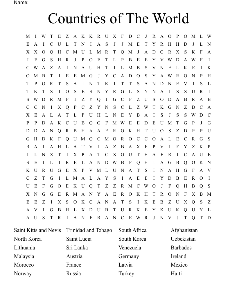 Countries Of The World Word Search WordMint