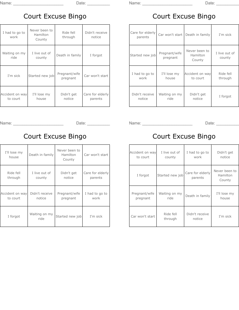 Court Excuse Bingo - WordMint
