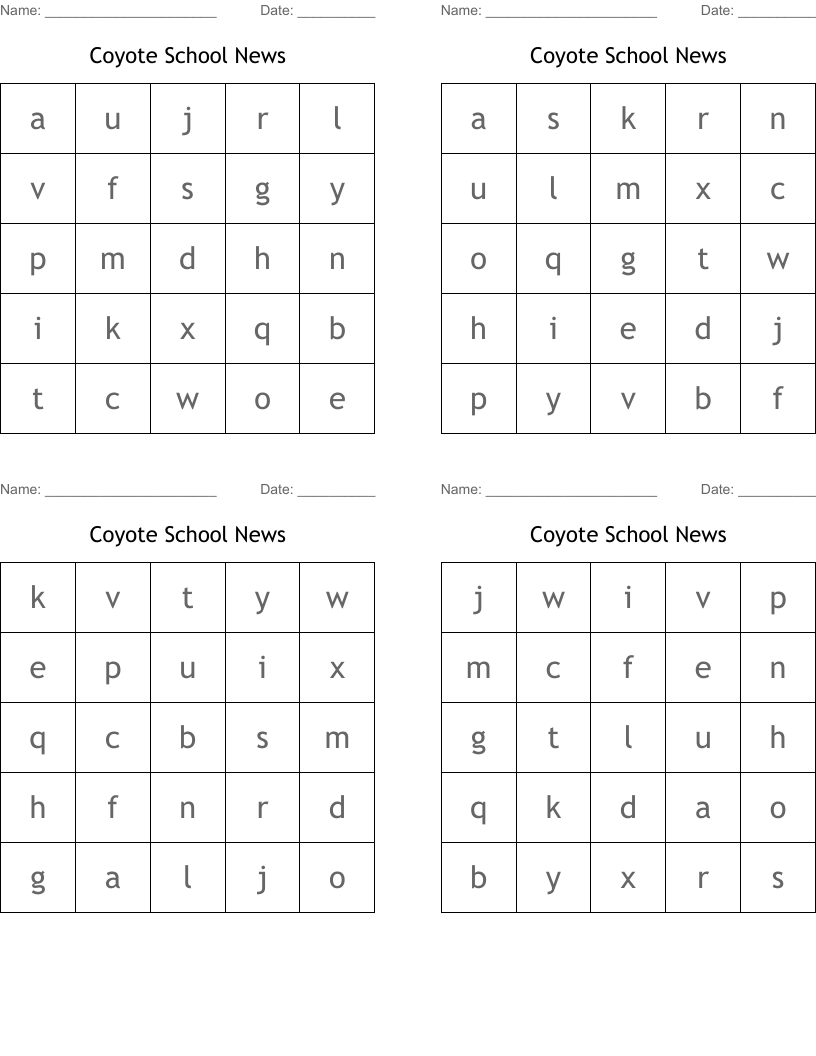 Coyote School News Bingo Cards - WordMint