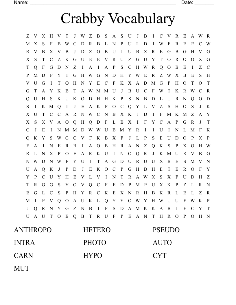 Crabby Vocabulary Word Search - WordMint