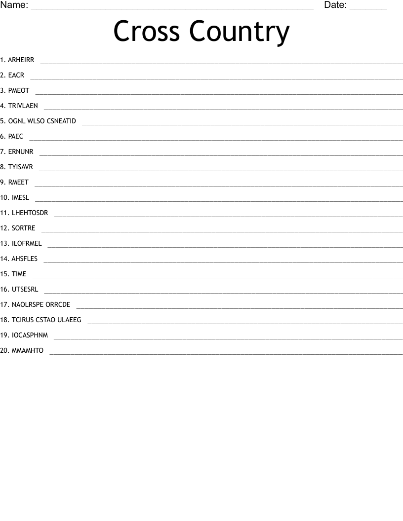 Cross Country Word Scramble - WordMint