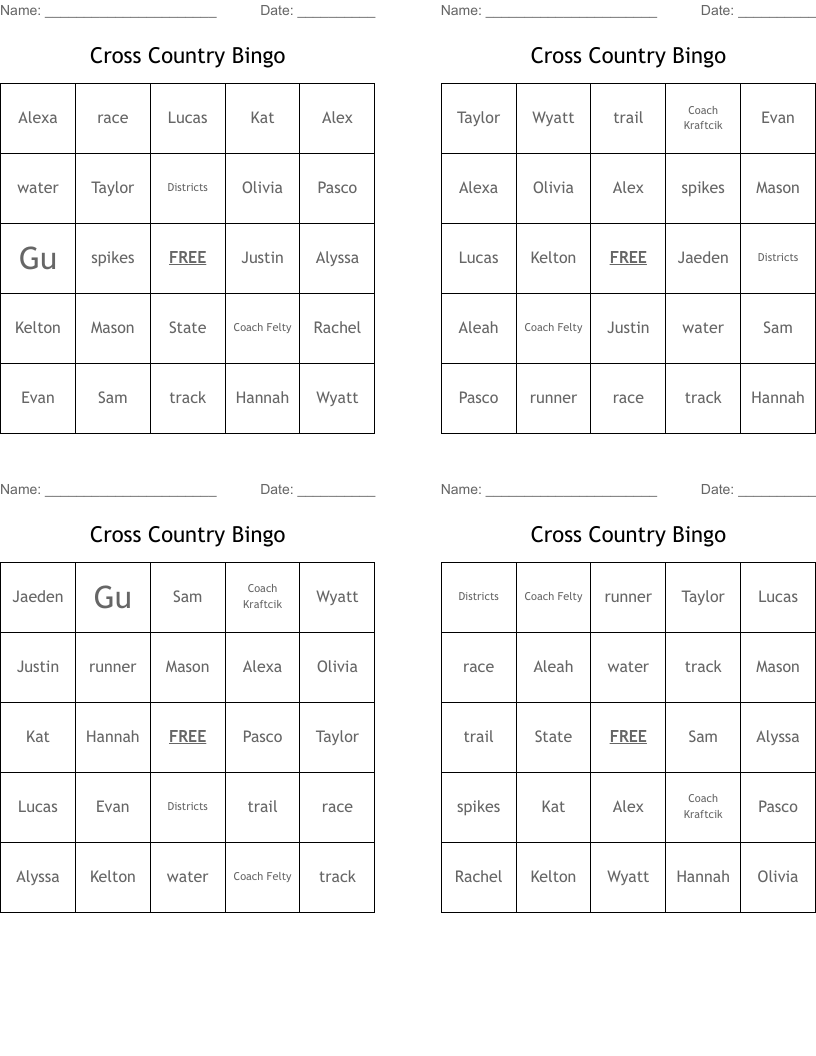 Cross Country Bingo - WordMint