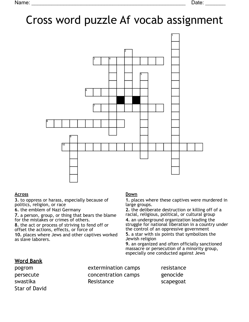 Cross word puzzle Af vocab assignment - WordMint