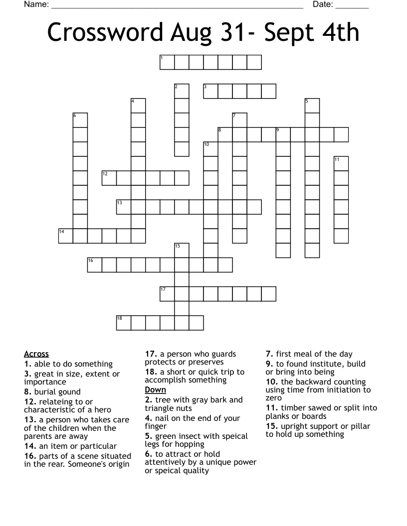 Crossword Aug 31- Sept 4th - WordMint